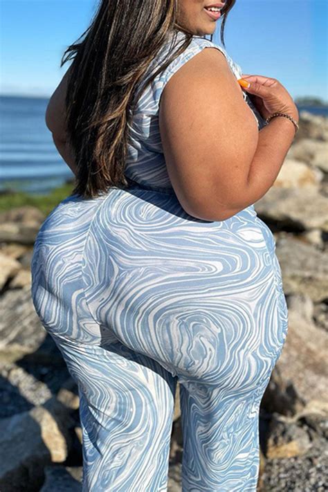 Wholesale Blue Sexy Print Patchwork O Neck Plus Size Two Pieces K Online