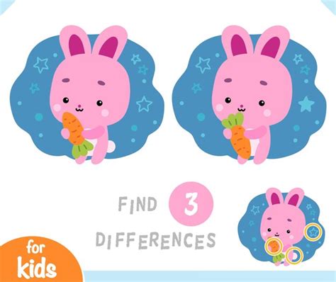 어린이를 위한 차이점 찾기 교육 게임 만화 귀여운 캐릭터 토끼와 당근 프리미엄 벡터
