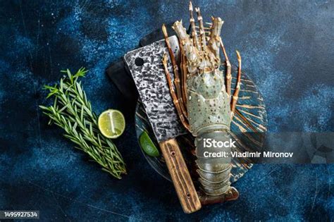 나무 도마에 가시 랍스터 생 해산물 파란색 배경입니다 상위 뷰 갈고리 발톱에 대한 스톡 사진 및 기타 이미지 갈고리 발톱