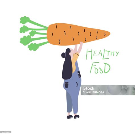 큰 당근과 텍스트 건강 식품을 가진 여자 그려진 플랫 벡터 일러스트레이션 일러스트레이션에 대한 스톡 벡터 아트 및 기타 이미지