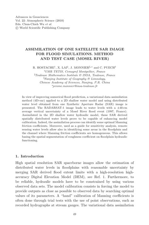 Pdf Assimilation Of One Satellite Sar Image For Flood Simulations Method And Test Case Moser