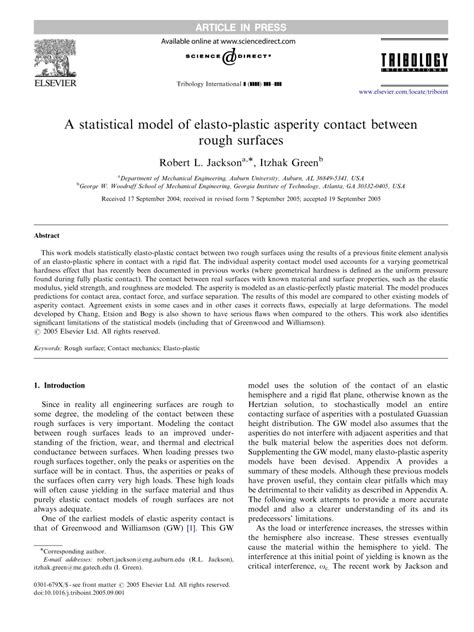 Pdf A Statistical Model Of Elasto Plastic Asperity Contact Between Rough Surfaces
