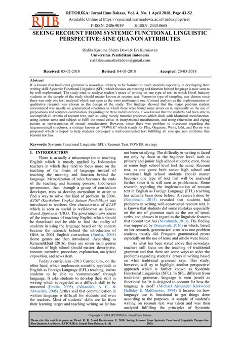 Pdf Seeing Recount From Systemic Functional Linguistic Perspective Sine Qua Non Attributes