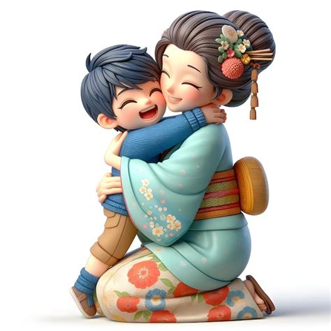 Premium Photo 3d Cartoon Mother And Son Hugging Each Others In