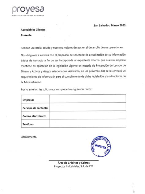 Carta De Actualización De Datos Pdf