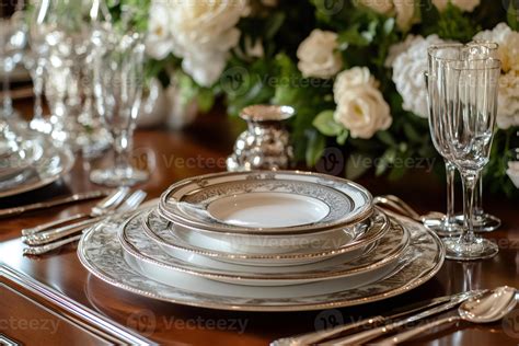 Elegant Table Setting With Silver Cutlery Porcelain Plates And Crystal