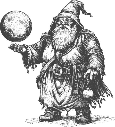 Dwarf Mage With Magical Orb Full Body Images Using Old Engraving Style