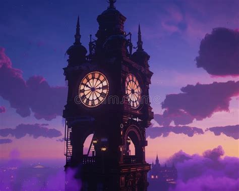 A Steampunk Inspired Clock Tower Set Against A Lavender Sunset Stock Illustration Illustration