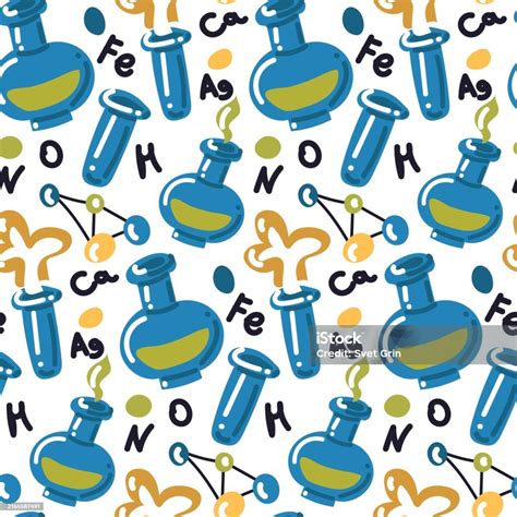 유리 플라스크와 화학 원소를 가진 이음새가 없는 본 학교로 돌아가다 화학 수업의 배경 실험용 액체가 담긴 플라스크 포장에 인쇄 건강관리와 의술에 대한 스톡 벡터 아트 및