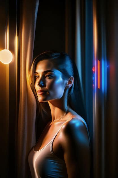 Hermosa Morena Espiando Por La Ventana En Un Cuarto Oscuro Generative