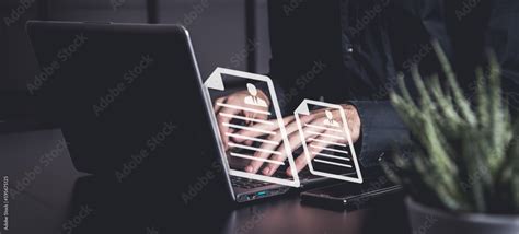 Technical Support Customer Service Concept Woman Hand Using Computer Laptop With VR Screen