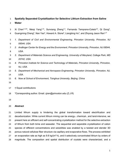 Pdf Spatially Separated Crystallization For Selective Lithium Extraction From Saline Water
