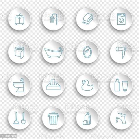 화장실 욕실 화장실 콘 세트 투명 한 그림자와 둥근 스티커에 선형 아이콘 가정 생활에 대한 스톡 벡터 아트 및 기타 이미지 가정 생활 개수대 개체 그룹 Istock