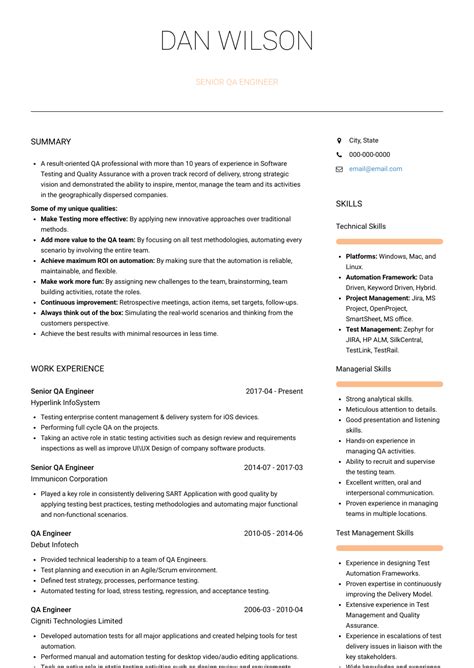 free software quality engineer cv template free templates