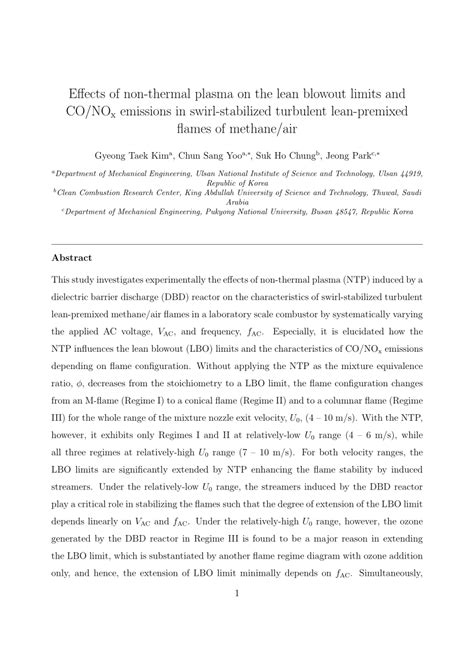 Pdf Effects Of Non Thermal Plasma On The Lean Blowout Limits And Co