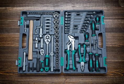 Open Toolbox With Different Instruments On Wooden Workbench Stock Image