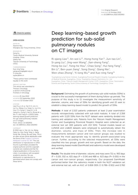 Pdf Deep Learning Based Growth Prediction For Sub Solid Pulmonary Nodules On Ct Images