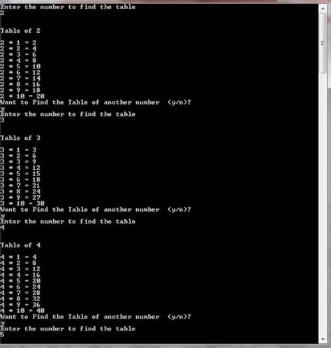 how to print the table of any number program in c