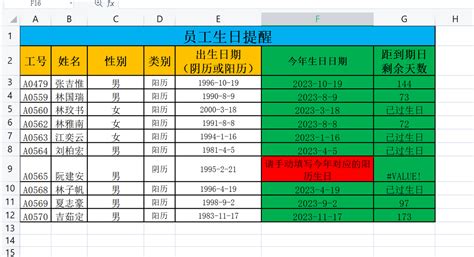 excel日期管理并自动提醒 员工阳历、阴历生日 date、text函数 正数办公