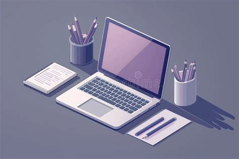 Modern Workspace Setup With Isometric Laptop And Stationery Items On A Table Stock Image Image