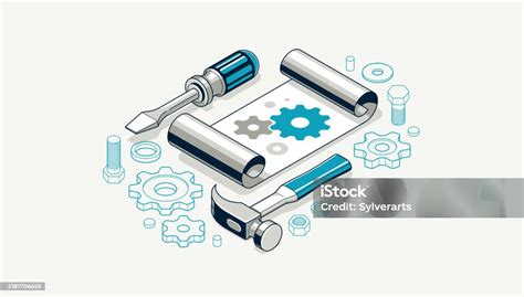 기계 공학 프로젝트 구현 개념 엔진 초안 계획 도면 및 작업 프로세스 기어 및 도구가 있는 종이 시트 3d 아이소 메트릭 벡터 일러스트레이션 수리 자습서 3차원 형태에 대한