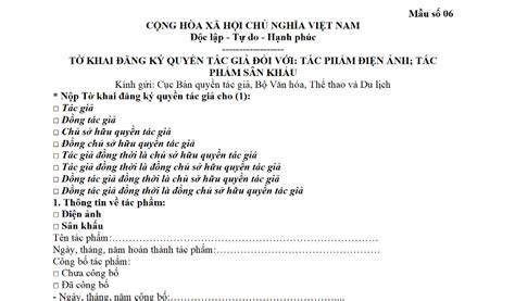 Mẫu tờ khai đăng ký quyền tác giả đối với tác phẩm điện ảnh tác phẩm sân khấu được quy định thế