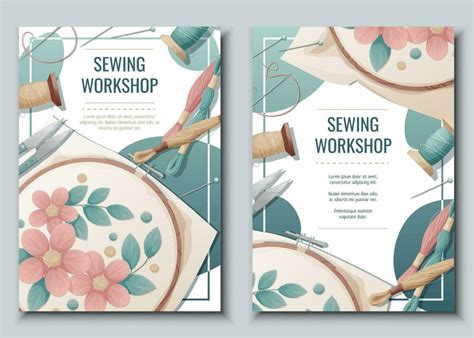 Flyer Design Set For Sewing Atelier Workshop Poster With Hoop Thread Scissors Sewing Tools