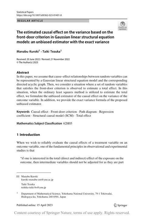 Pdf The Estimated Causal Effect On The Variance Based On The Front Door Criterion In Gaussian