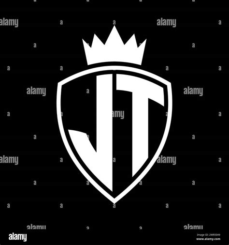 Jt Letter Bold Monogram With Shield And Crown Outline Shape With Black And White Color Design