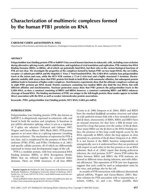 Pdf Characterization Of Multimeric Complexes Formed By The Human Ptb1