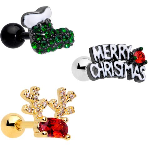 16g 14 Red Cz Gem Gold Tone Christmas Cartilage Earring Set Of 3