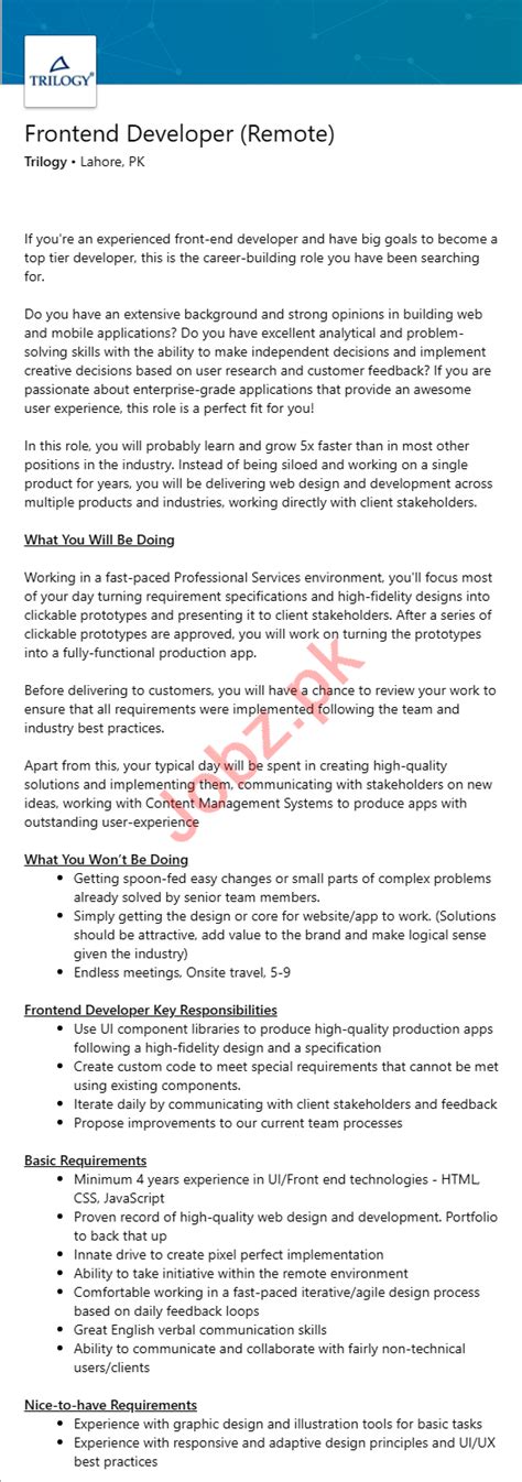 trilogy lahore jobs 2021 for frontend developer 2025 job advertisement