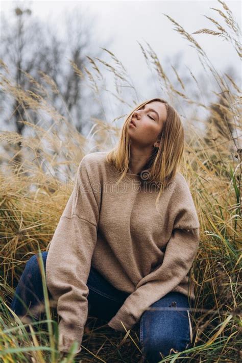 Close Up Outdoor Portrait Of Young Beauty Blondie Caucasian Girl Stock