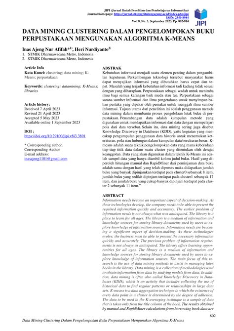 Pdf Data Mining Clustering Dalam Pengelompokan Buku Perpustakaan Mengunakan Algoritma K Means