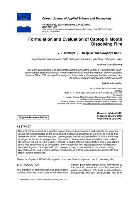 Pdf Formulation And Evaluation Of Captopril Mouth Dissolving Film