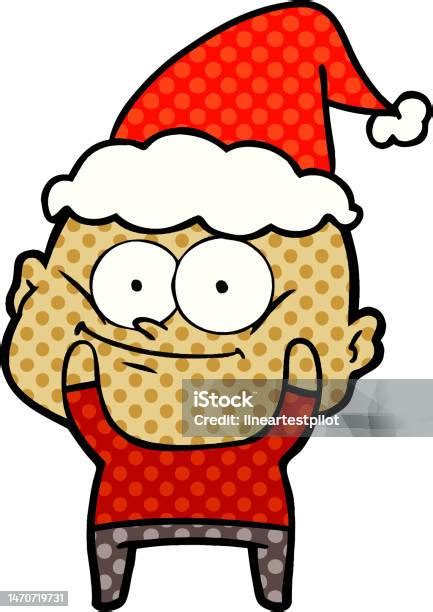 산타 모자를 쓰고 쳐다보는 대머리 남자의 손으로 그린 만화책 스타일의 그림 낙서 드로잉에 대한 스톡 벡터 아트 및 기타 이미지