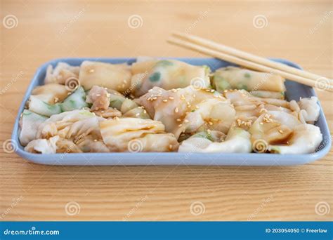 Traditonal Cantonese Food Of Cheong Fun Or Rice Noodle Rolls Stock