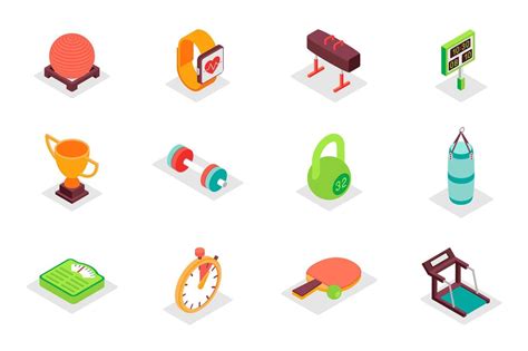 Sports Equipment Concept 3d Isometric Icons Set Pack Isometry Elements Of Ball Smart Watch
