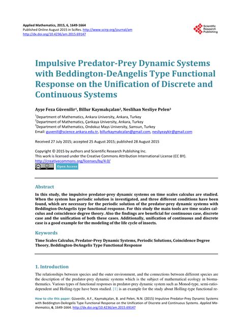 Pdf Impulsive Predator Prey Dynamic Systems With Beddington Deangelis Type Functional Response