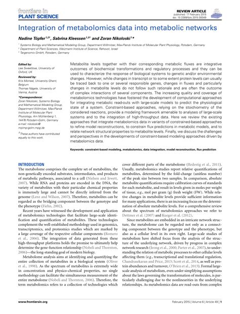 Pdf Integration Of Metabolomics Data Into Metabolic Networks