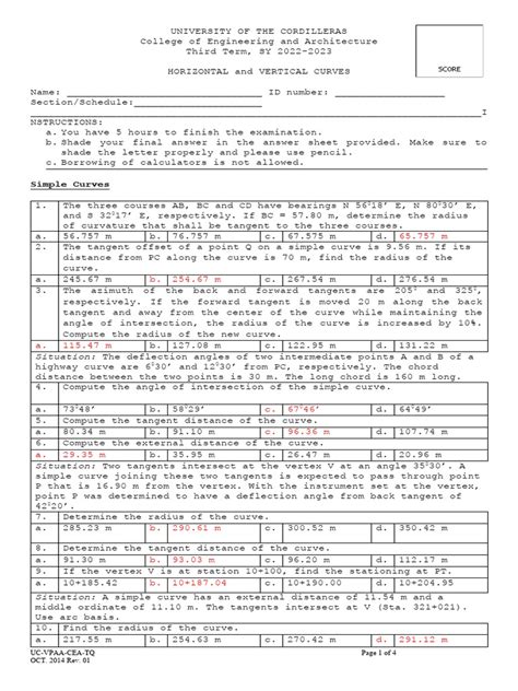 Horizontal And Vertical Curves Problem Set Pdf Tangent Angle