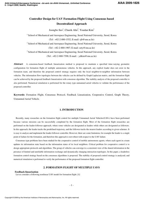 PDF Controller Design For UAV Formation Flight Using Consensus Based Decentralized Approach