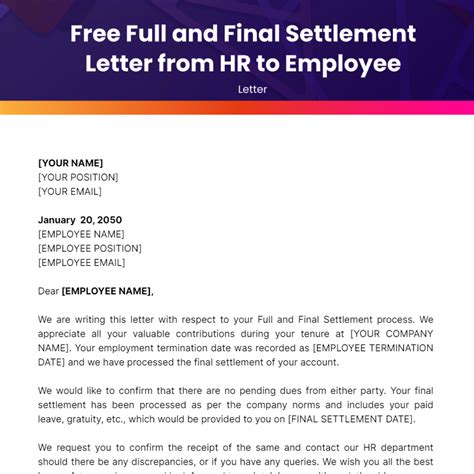 Full And Final Settlement Letter From Hr To Employee