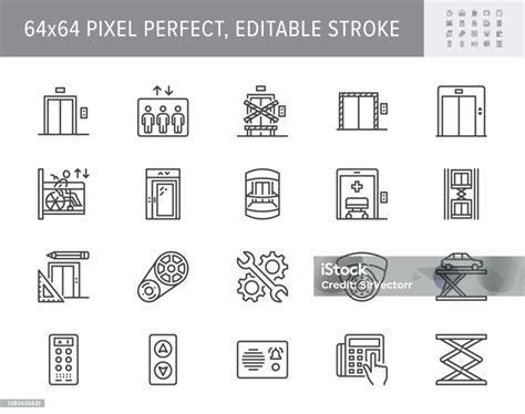 엘리베이터 라인 아이콘입니다 벡터 일러스트아이콘 서비스 리프트 주차 장애인 오두막 보안 카메라 액세스 버튼 개요 Pictogram 64x64 픽셀 완벽한 편집 가능한