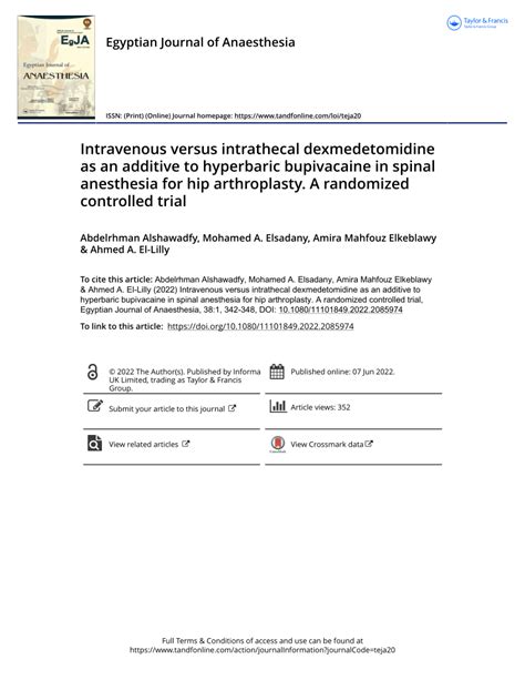 Pdf Intravenous Versus Intrathecal Dexmedetomidine As An Additive To Hyperbaric Bupivacaine In