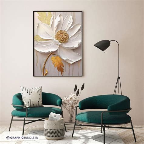 تابلوی دکوراتیو ایلاستریتور و نقاشی دیجیتال از تک شاخه گل با برگ های طلایی