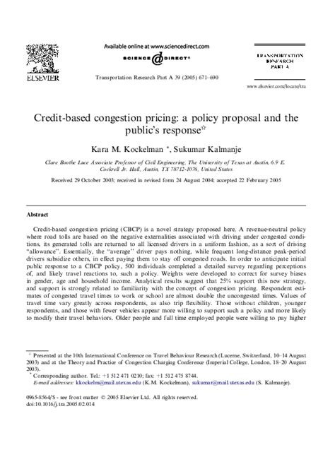 Pdf Credit Based Congestion Pricing A Policy Proposal And The Publics Response