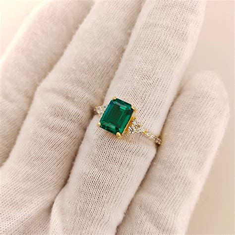 Lab Created Emerald Ring Octagon Cut Lab Emerald Ring Etsy