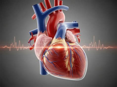 Detailed Medical Illustration Of A Human Heart With Ekg Trace Stock