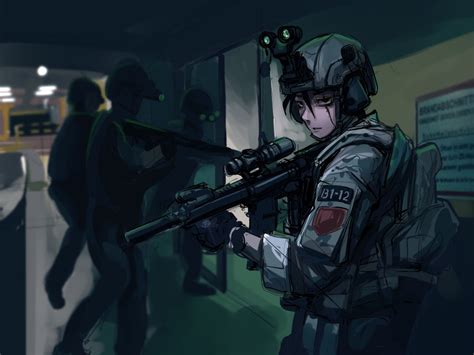 Safebooru 1girl 3others Absurdres Assault Rifle Black Gloves Black